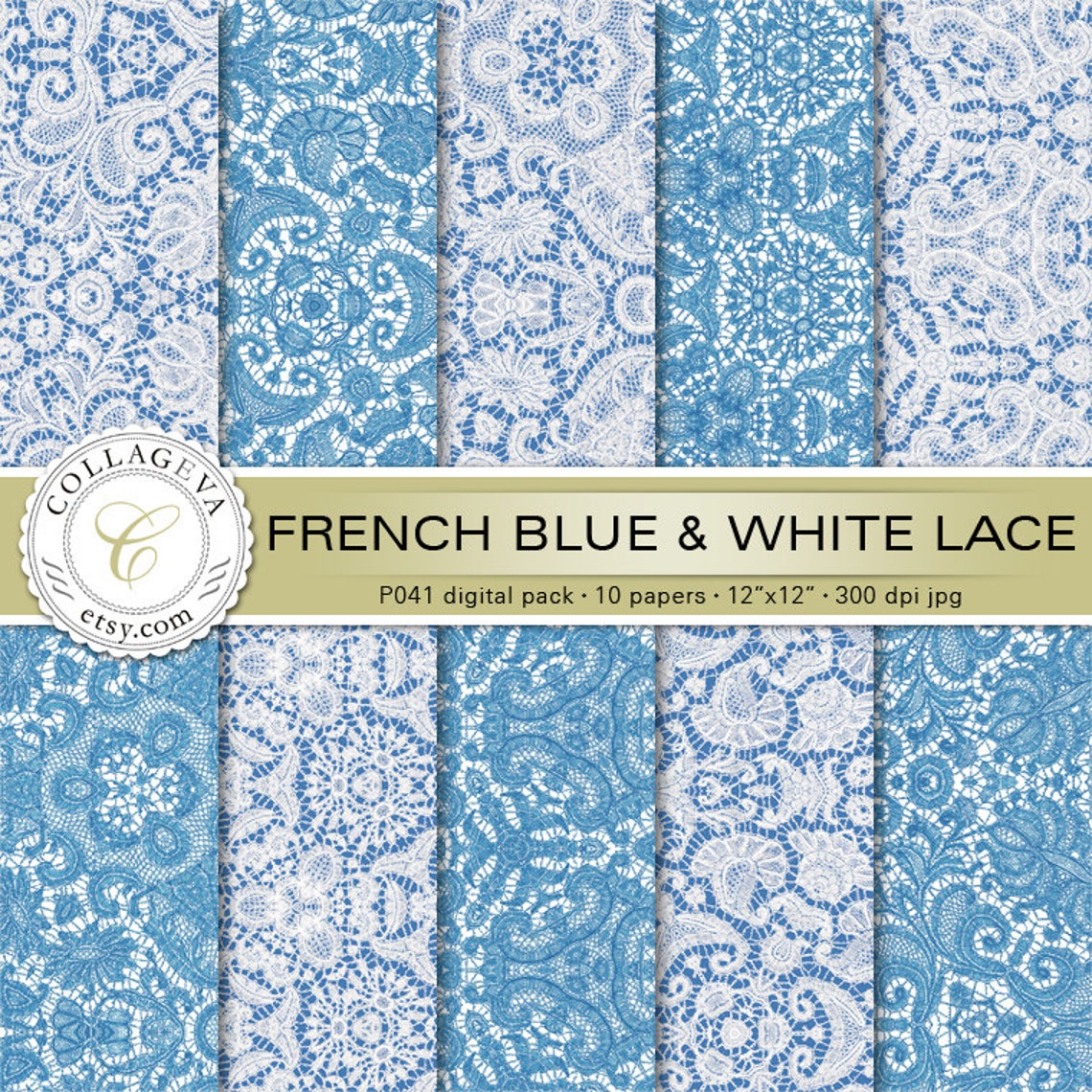 White Lace, Blue Digital Papers Scrapbook, 10 Printable Sheets 12x12 ...