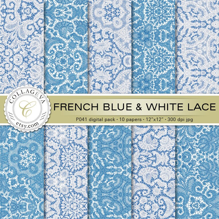 White Lace, Blue Digital Papers Scrapbook, 10 Printable Sheets 12x12 ...