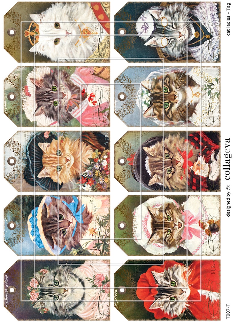 10 Digital Tags Labels Cat Ladies Printable Cat Images Kitten - Etsy