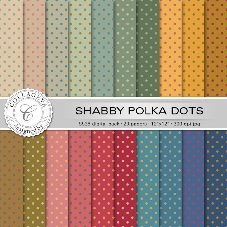 Shabby Polka Dots Digital Paper Pack, 20 Printable Sheets, 12x12 ...