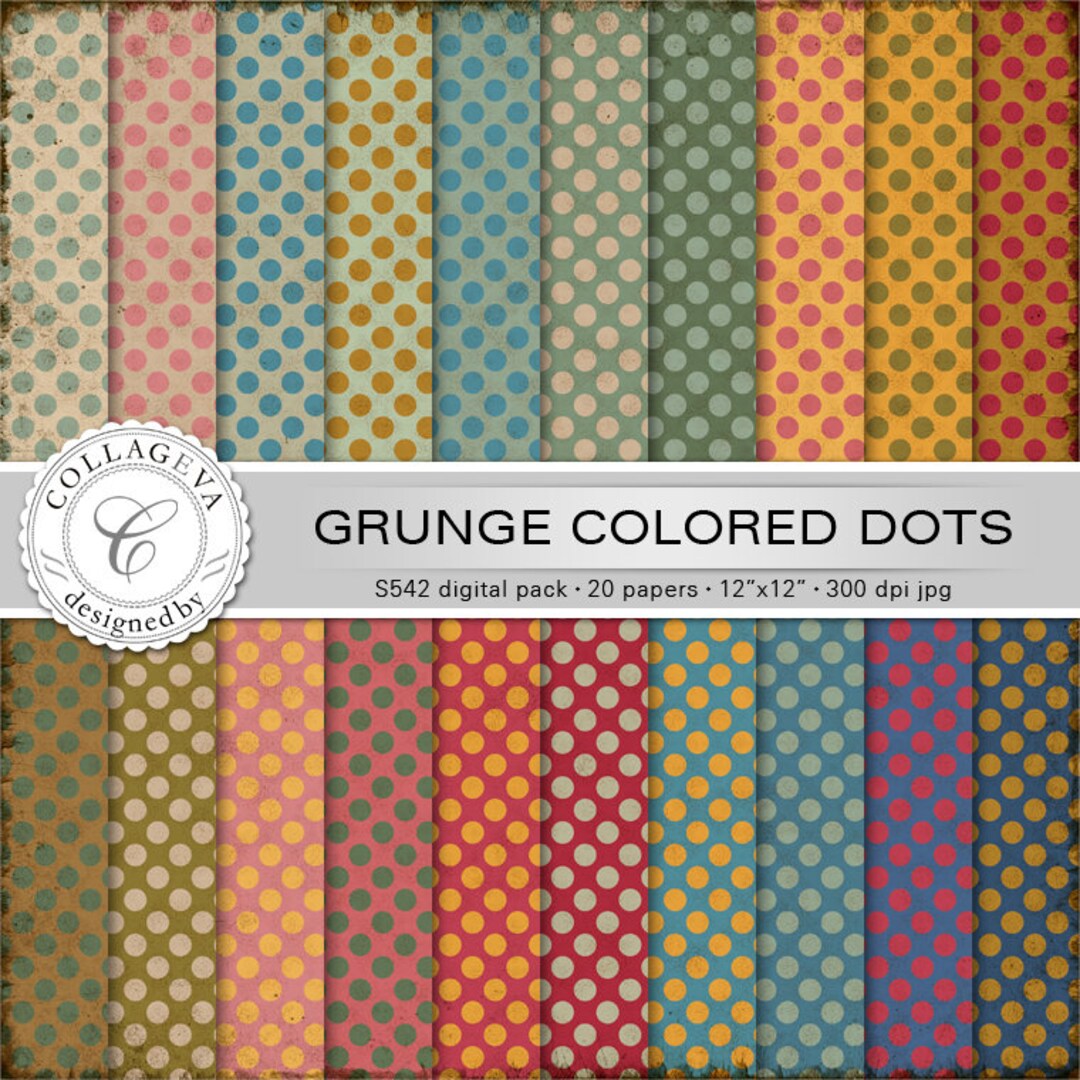 Grunge Colored Dots Digital Paper Pack, 20 Printable Sheets, 12x12 ...