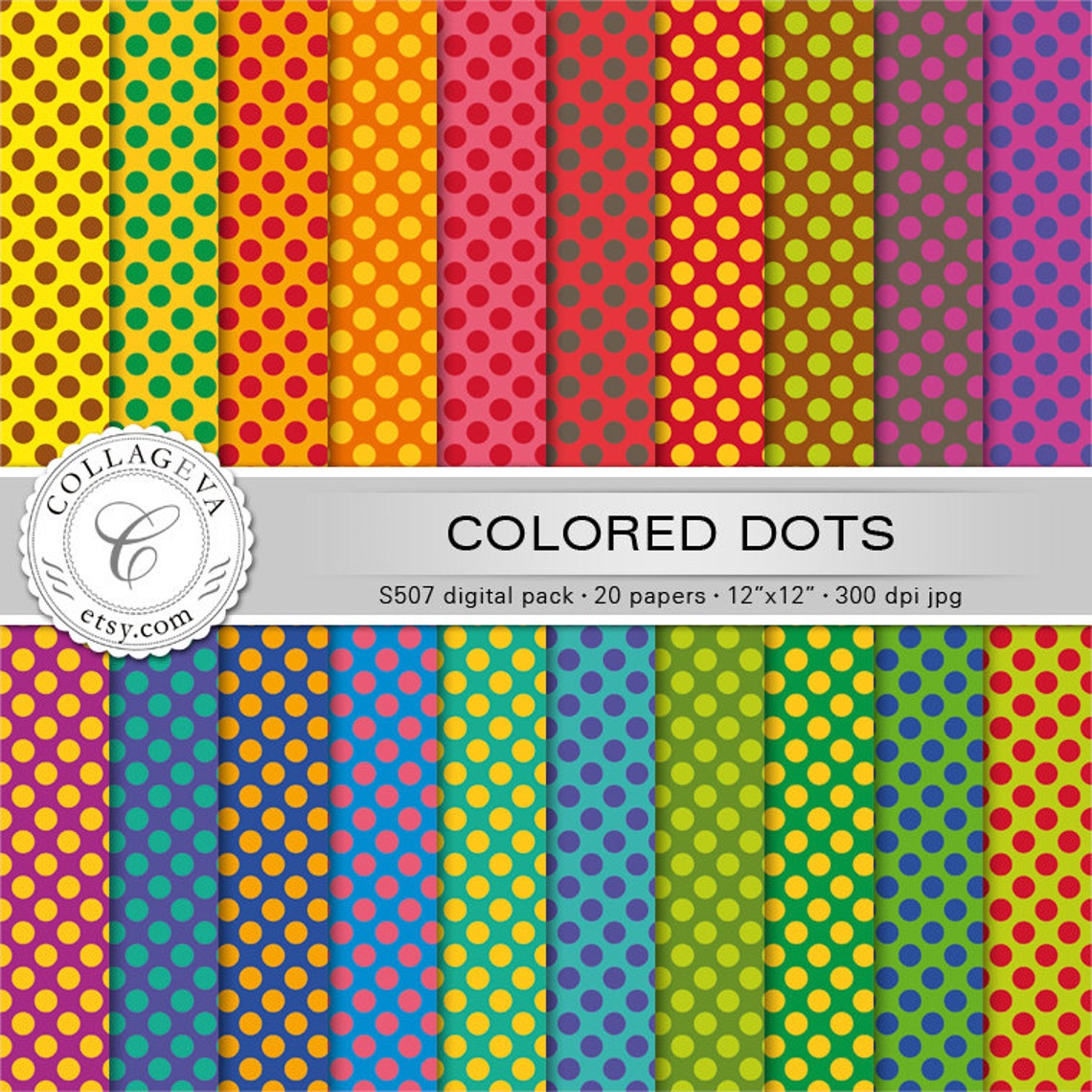 Colored Dots Digital Paper Pack, 20 Printable Sheets, 12x12 INSTANT ...