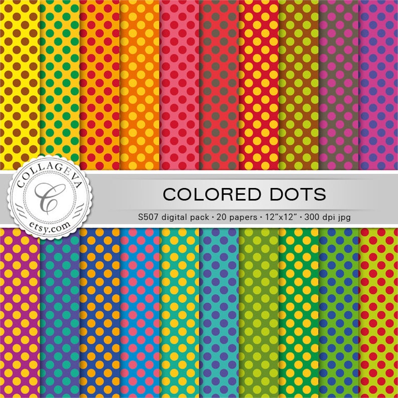 Colored Dots Digital Paper Pack, 20 Printable Sheets, 12x12 INSTANT ...
