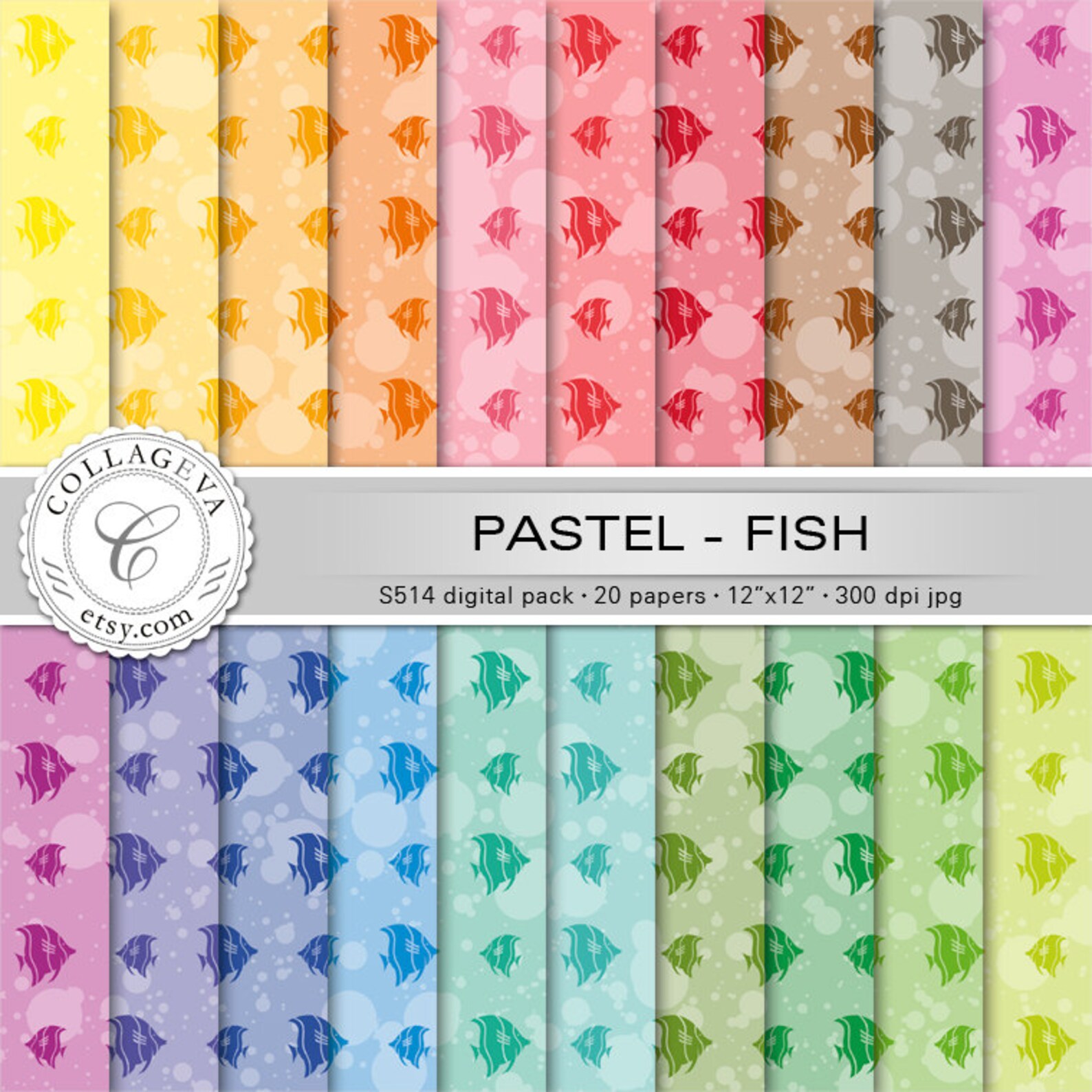 Pastel Fish Digital Paper Pack, 20 Printable Sheets, 12x12 INSTANT ...