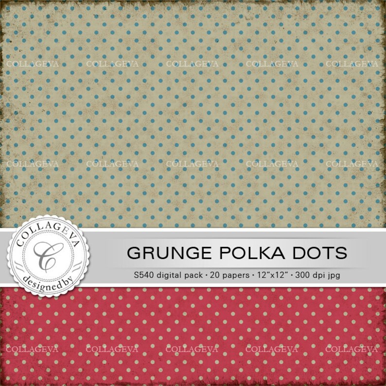 Grunge Polka Dots Digital Paper Pack, 20 Printable Sheets, 12x12 ...