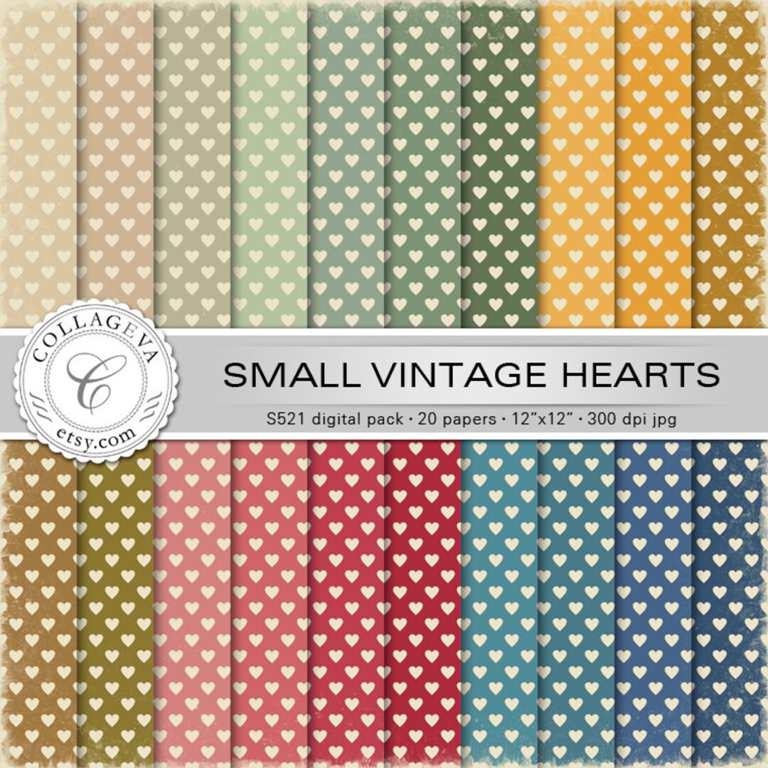 Small Vintage Hearts, Digital Paper Pack, 20 Printable Sheets, 12x12 ...