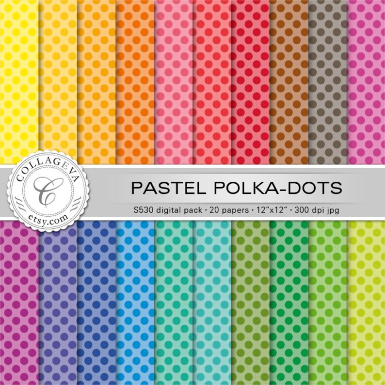 Pastel Polka-dots Digital Paper Pack, 20 Printable Sheets, 12x12 ...