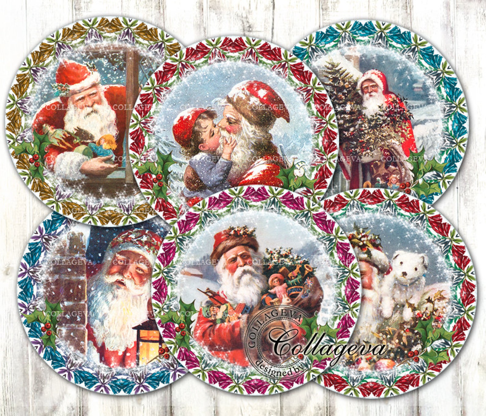 Vintage Santa Claus Digital Collage Sheet 4 3 2.5 2 Inch Circles, Round ...