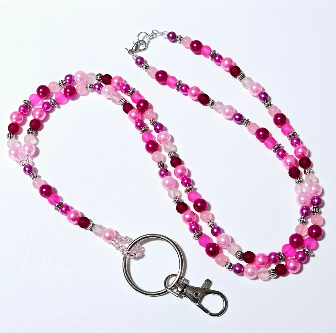 Pink Beaded Lanyard, Dressy Beaded Lanyard, Badge Holder, Fashion ...