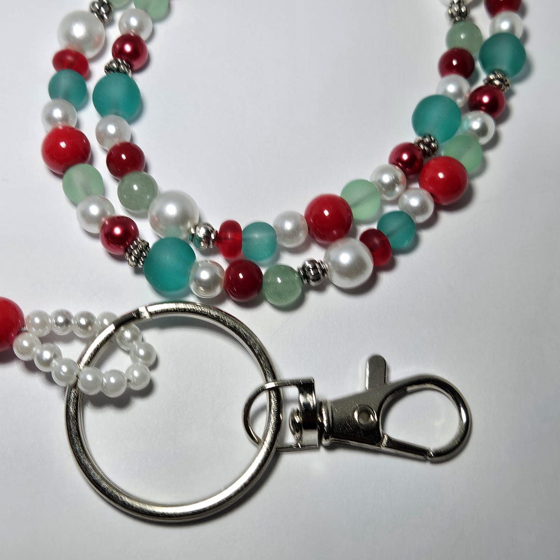 Red White and Green Beaded Teacher Lanyard, ID Badge Holder, Christmas ...