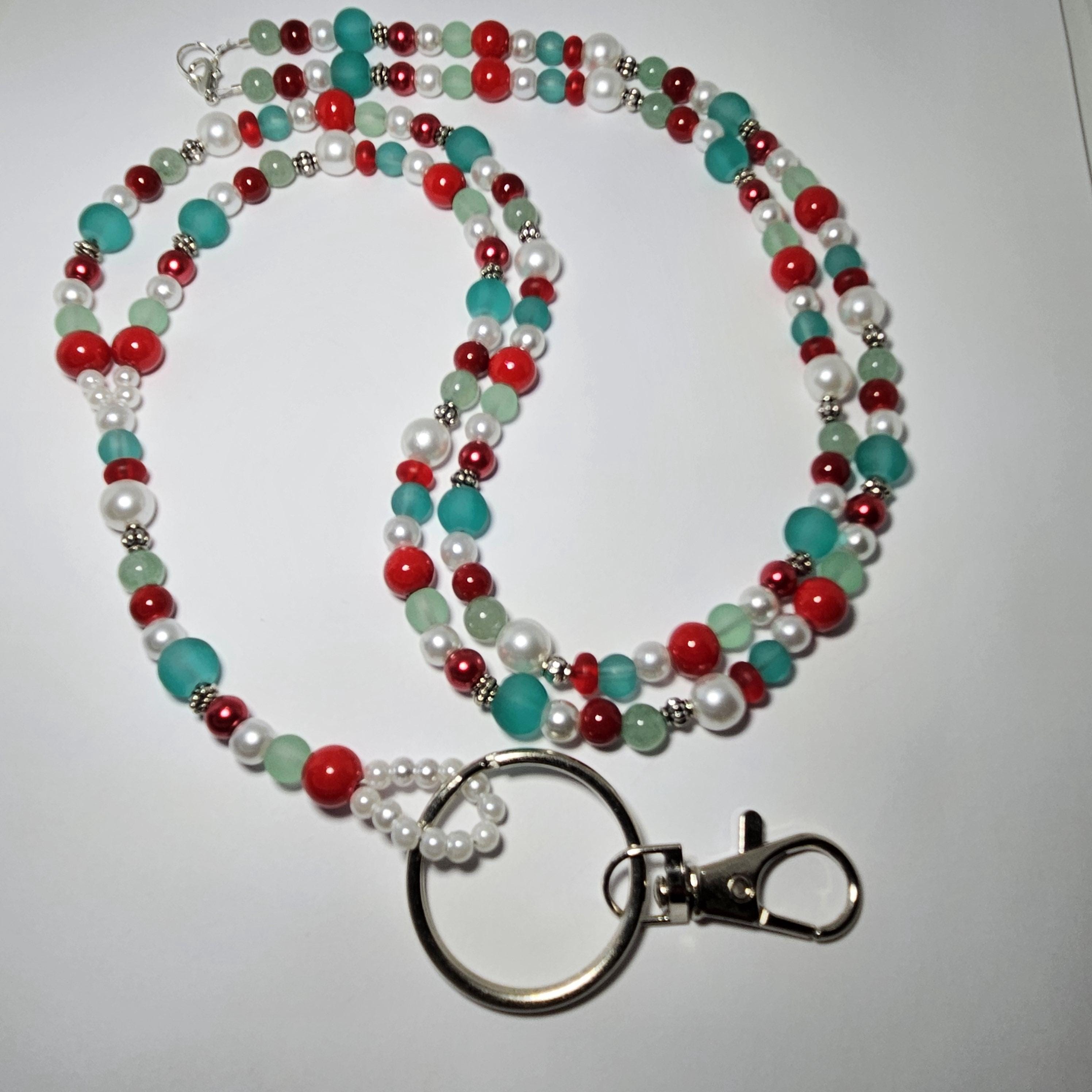 Red White and Green Beaded Teacher Lanyard, ID Badge Holder, Christmas ...
