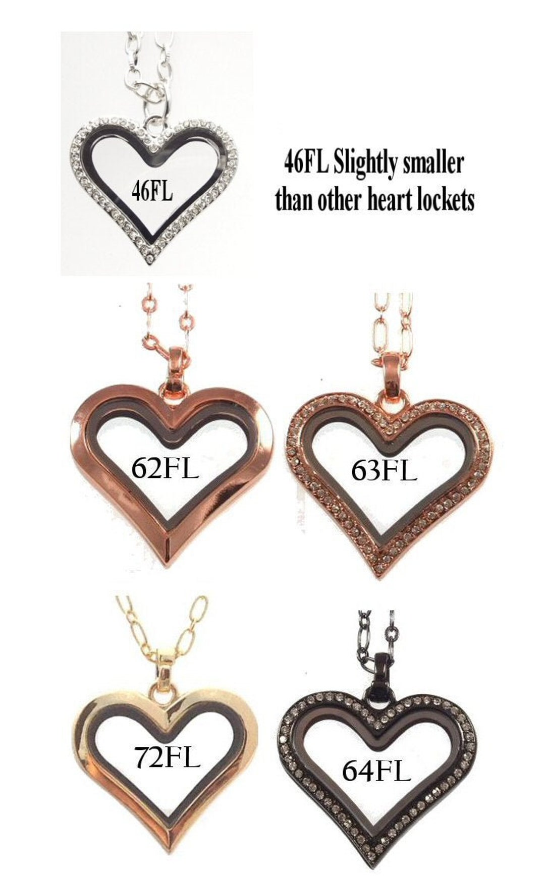 Closeout Floating Lockets Heart Shapes Stones or Plain Silver, Gold ...