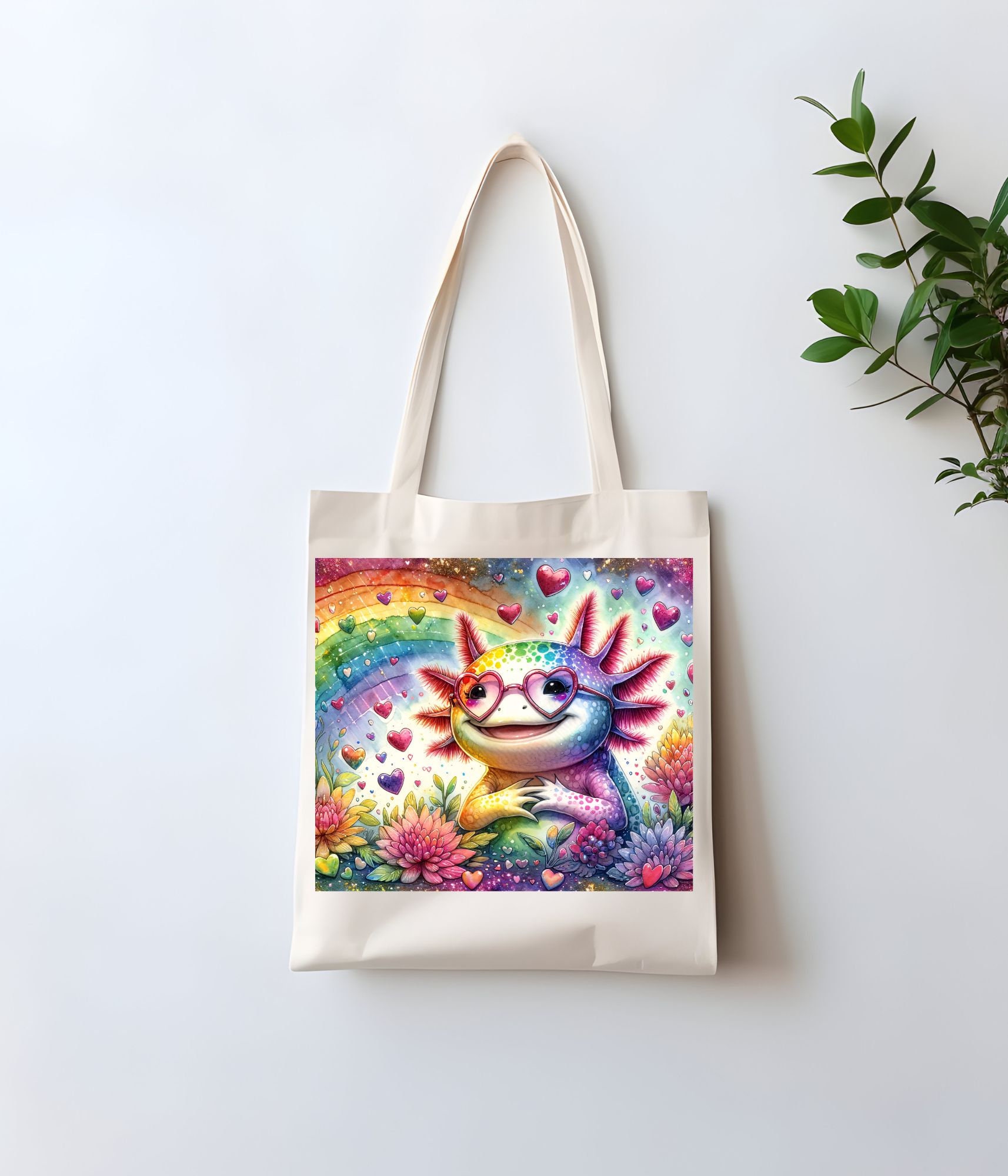 Axolotl Rainbow Colors Axolotl With Glasses Canvas Reusable Tote Bag 12 ...