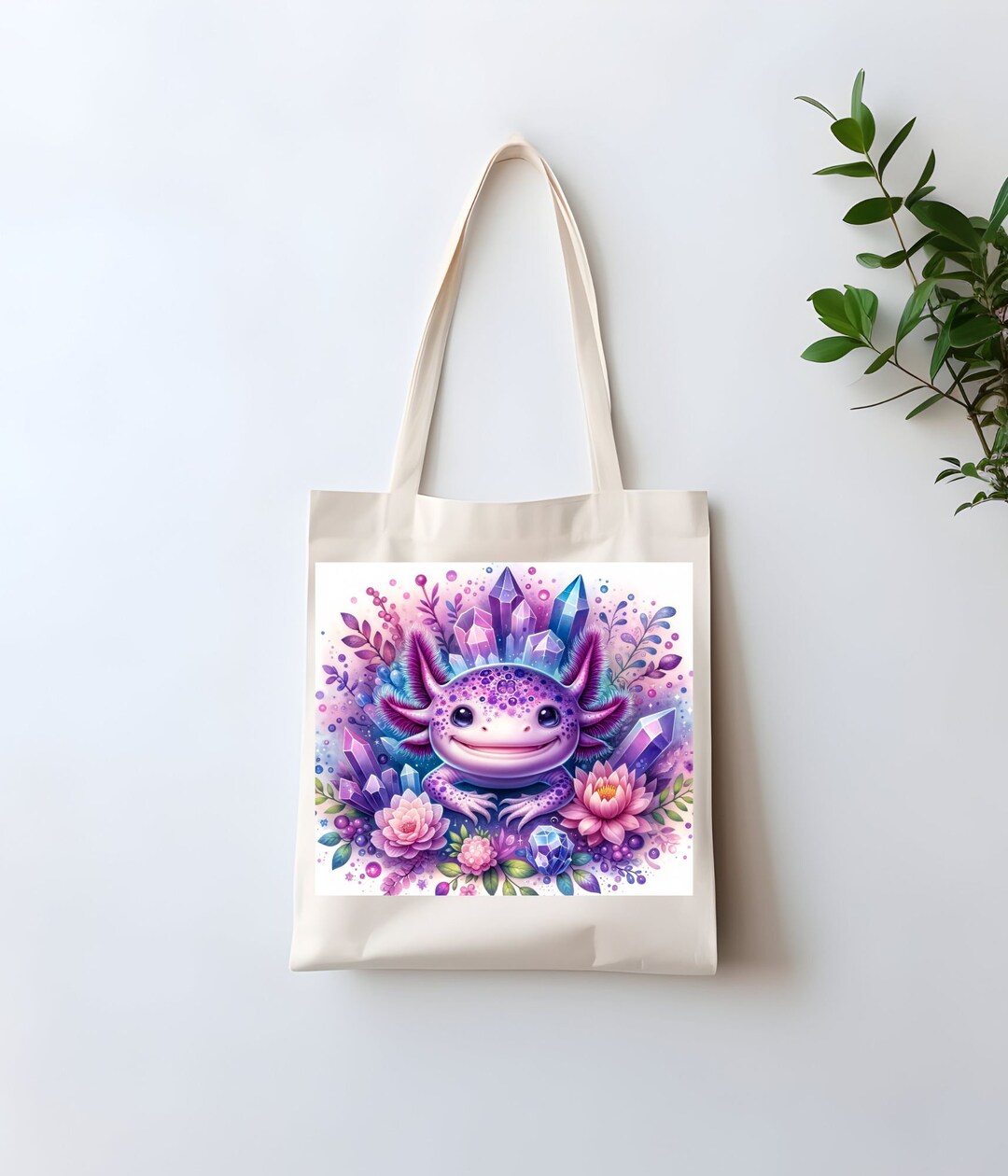 Custom- Axolotl- Purple With Crystals Axolotl Canvas Reusable Tote ...