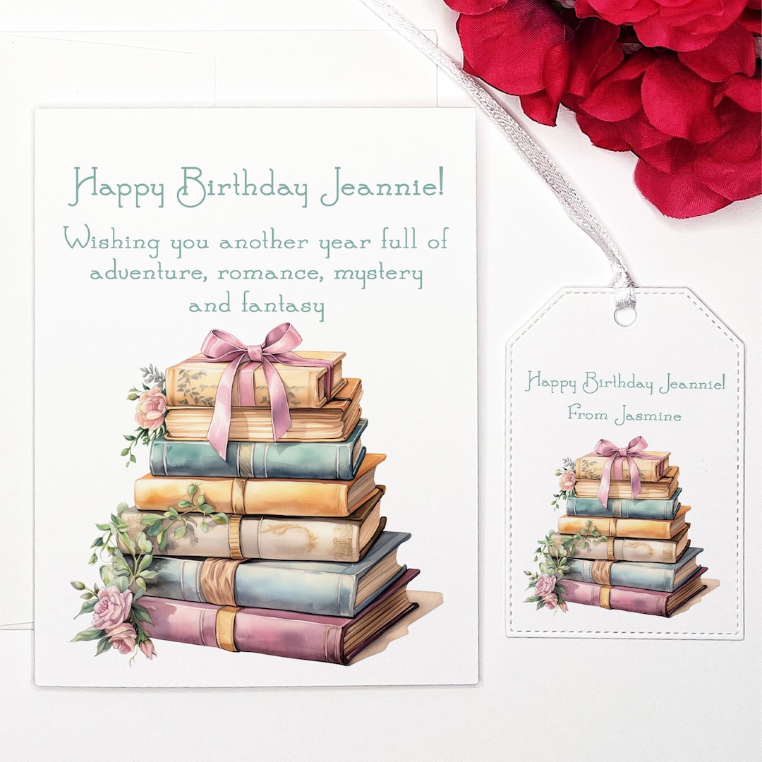 Personalized Birthday Card for Book Lover With Matching Gift Tag, Stack ...