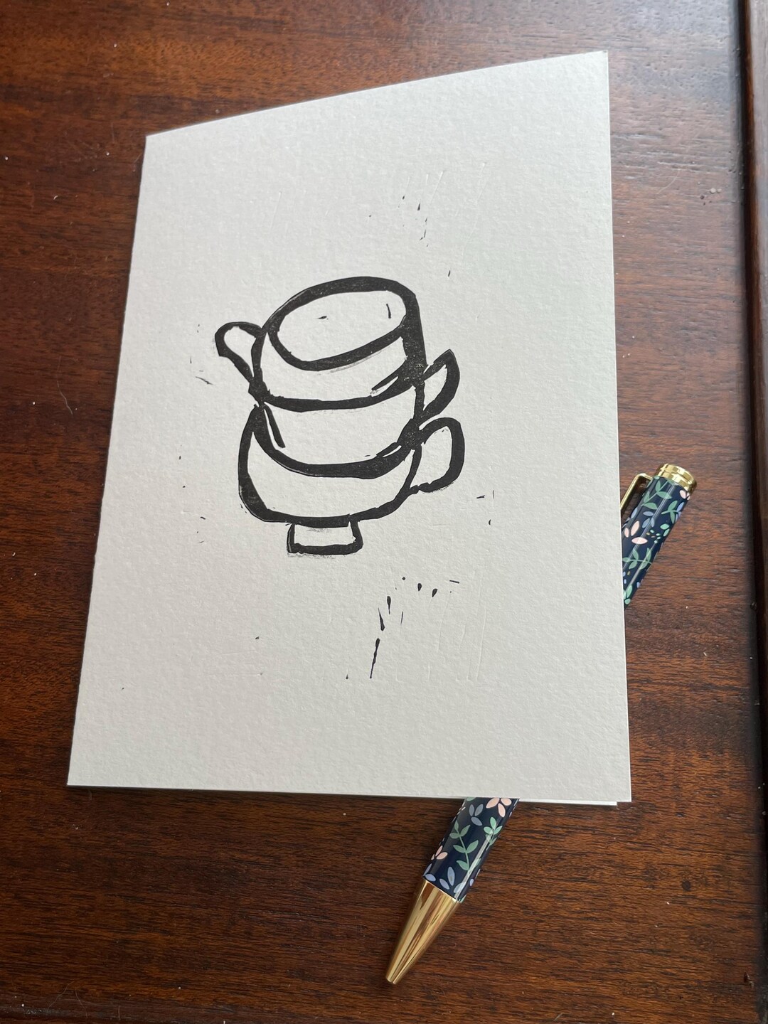 Stacked Tea Cups Blank Note Card - Hand Printed Linoleum Block Print - Etsy