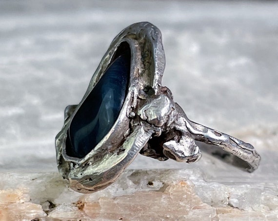 Brutalist Hawks Eye Sterling Silver Ring, Size 6 - Gem