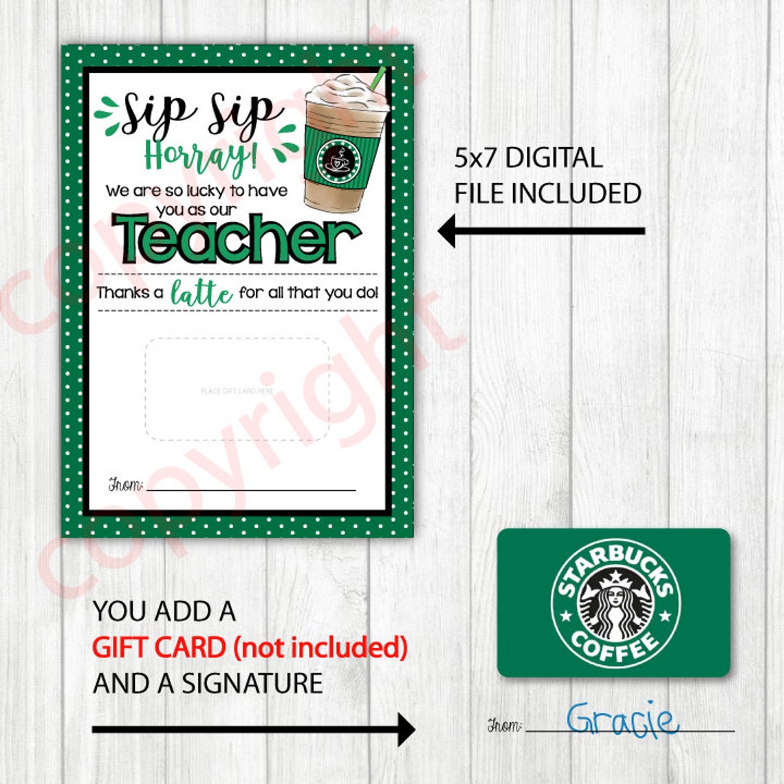 Teacher STARBUCKS Gift Card Holder. 5x7" DIGITAL FILE. Thank You ...