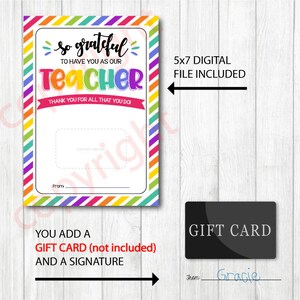 Teacher Gift Card Holder. 5x7" DIGITAL FILE. Thank You, Teacher ...