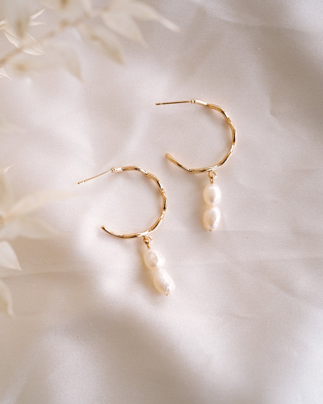 Squiggle Pearl Hoops, Gold Pearl Hoop Earrings, Organic Gold Hoops ...