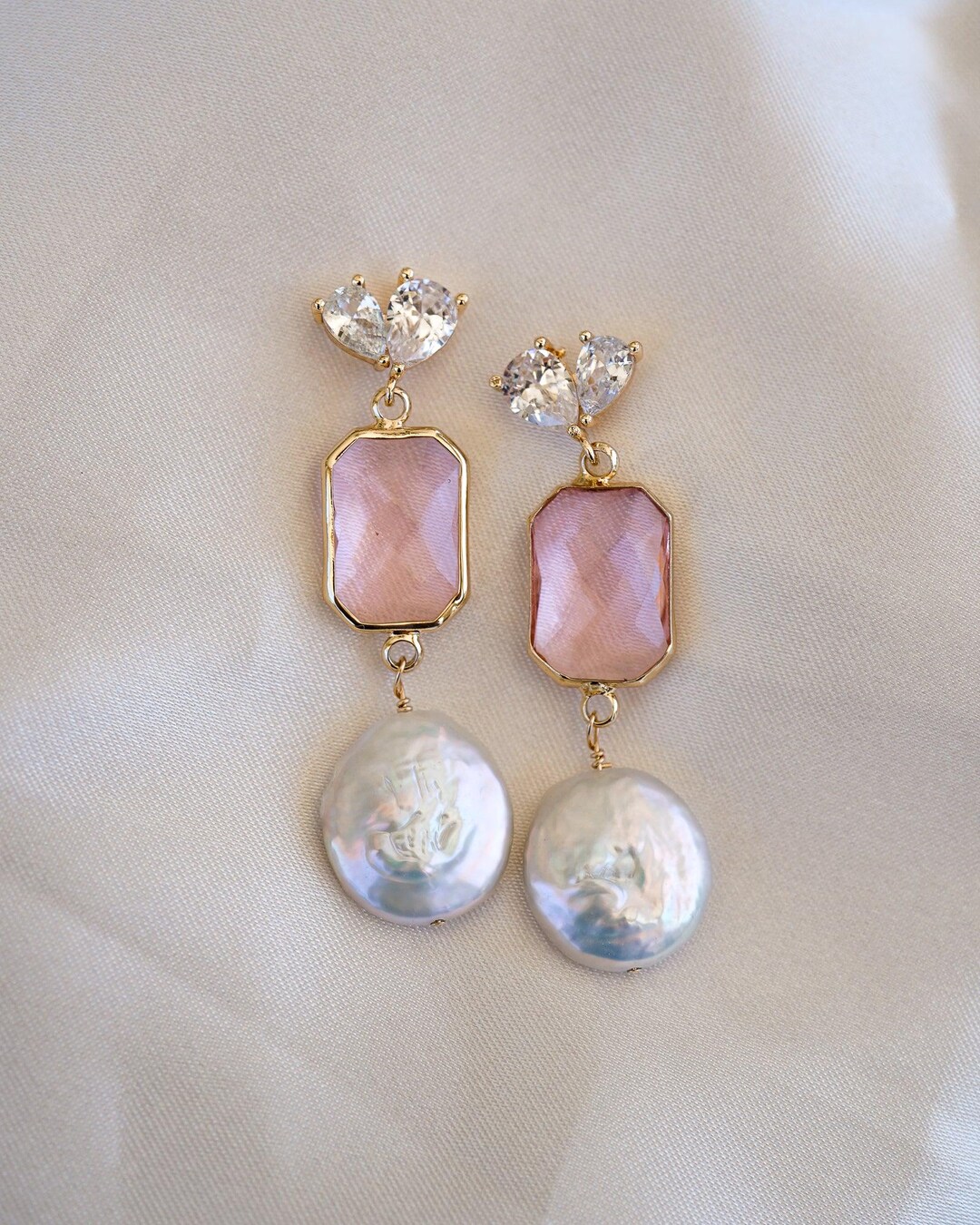 Arabella Pink Drop Pearl Earrings, Gold Dangle Earrings, Gold Pearl ...