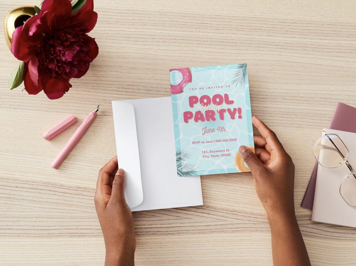Girls Pool Party Invitation | Customizable 5x7 Summer Swim Invite | Fun ...