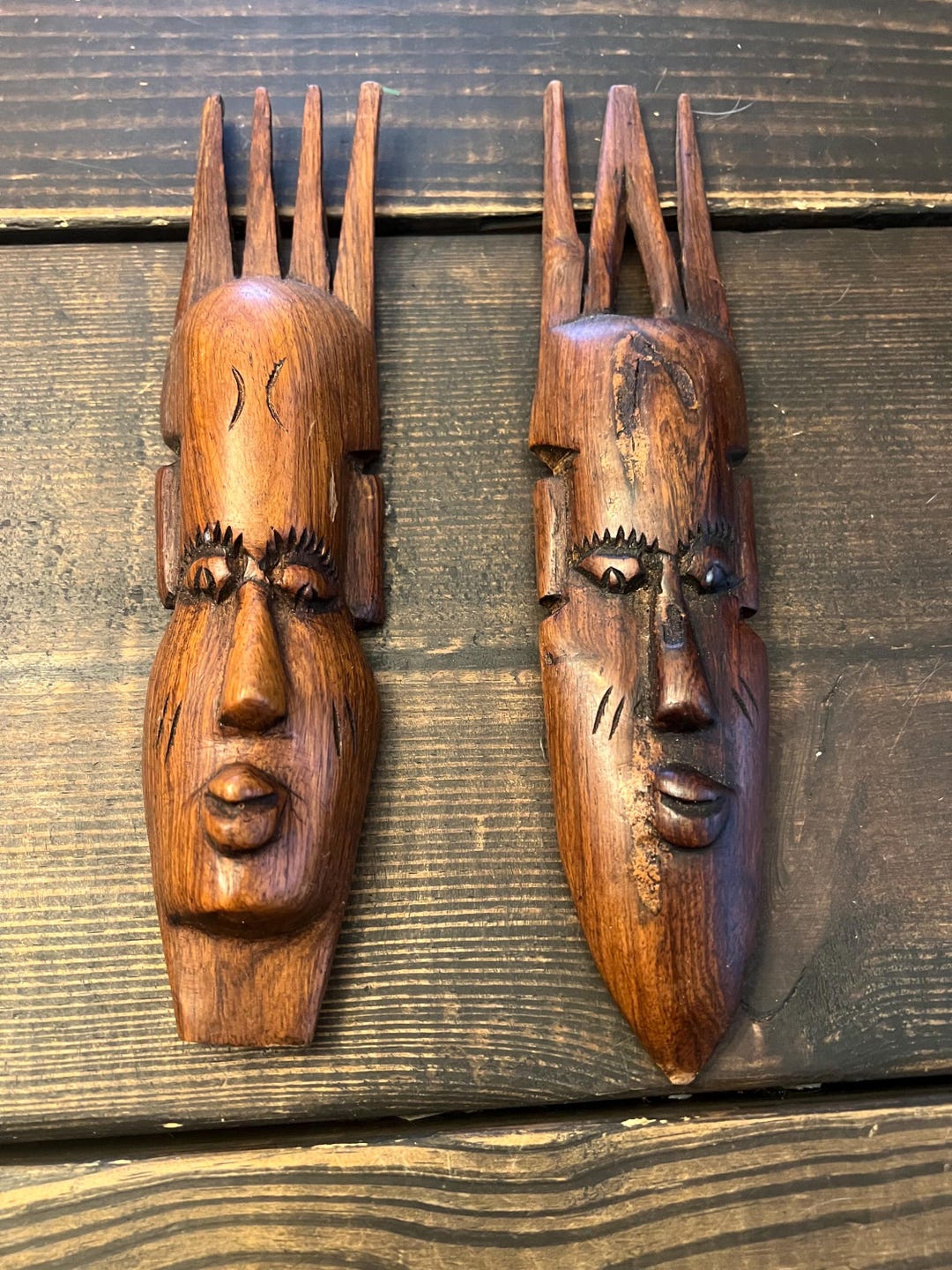 Two Hand Carved Small Senegal Faces African Wood Mask Wall Hanger Decor ...