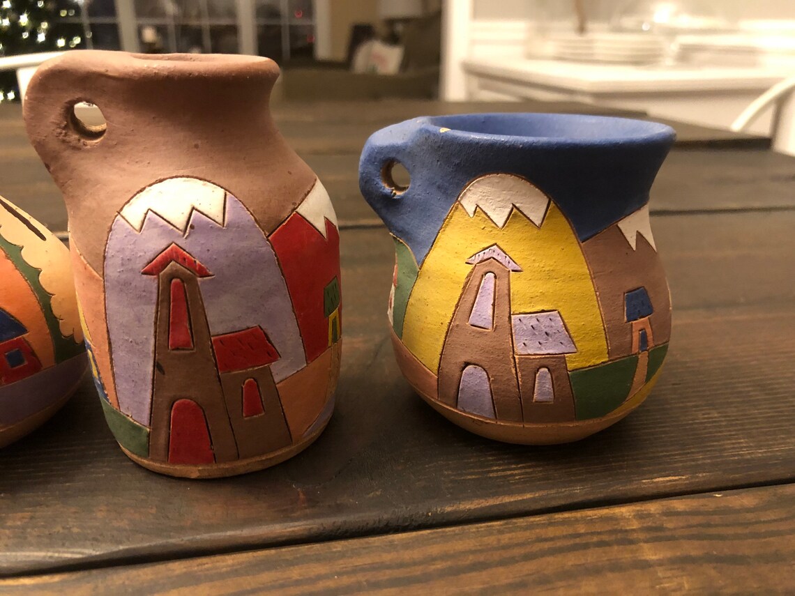 Vintage Small Handmade Pottery Pots etched in images | Etsy