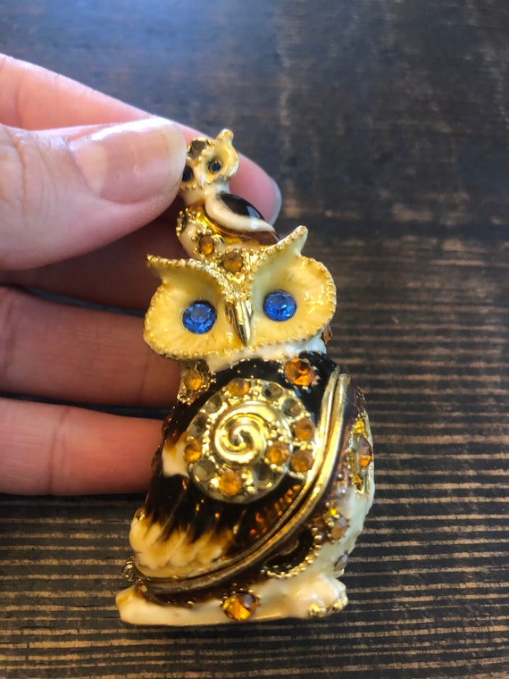 Metal Owl Mini Hinged Trinket Box Figurine Jeweled Enamel - Etsy