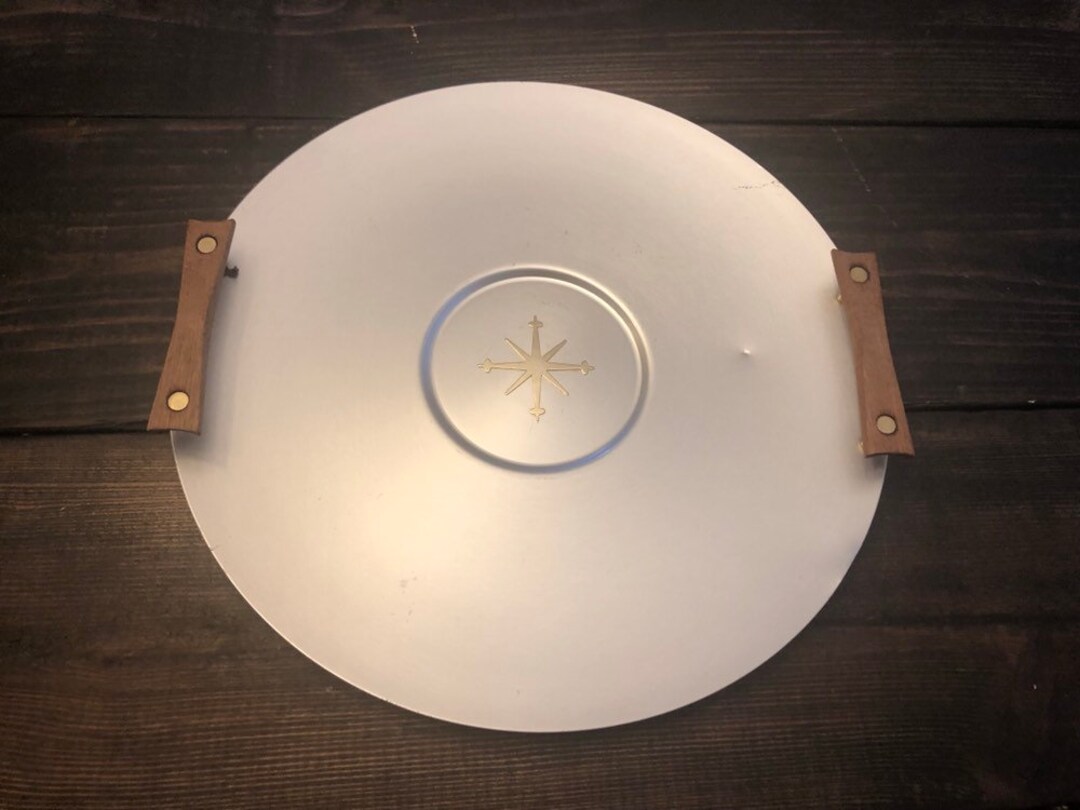 Vintage Mid Century Mirro Medallion Aluminum Round Tray With Teak ...