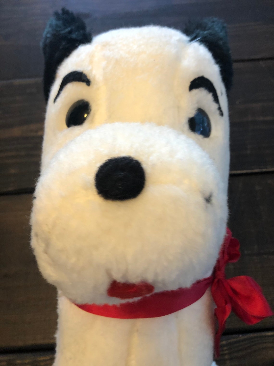 Vintage K B Bros Incorporated White and Black Dog Plush With Red Ribbon ...