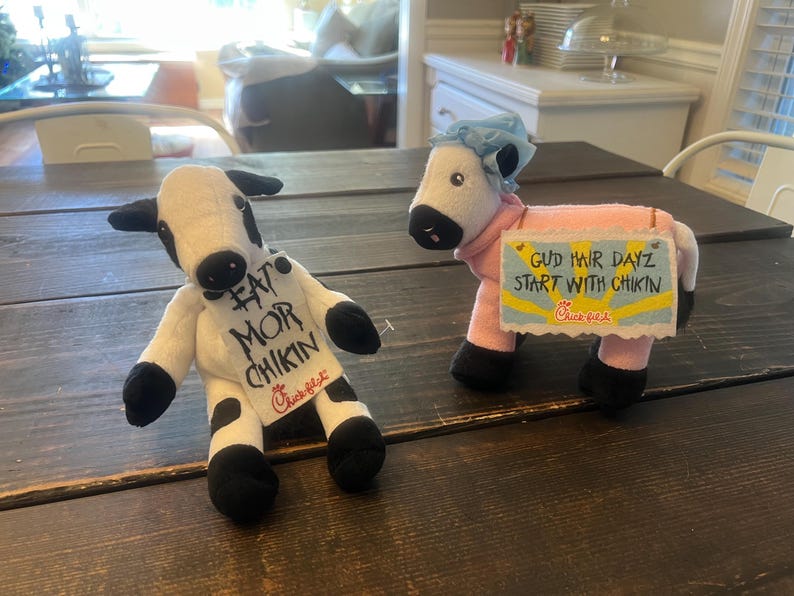 Chick Fil A Cow Plush Eat Mor Chiken & Gus Hair Dayz Start With Chicken ...