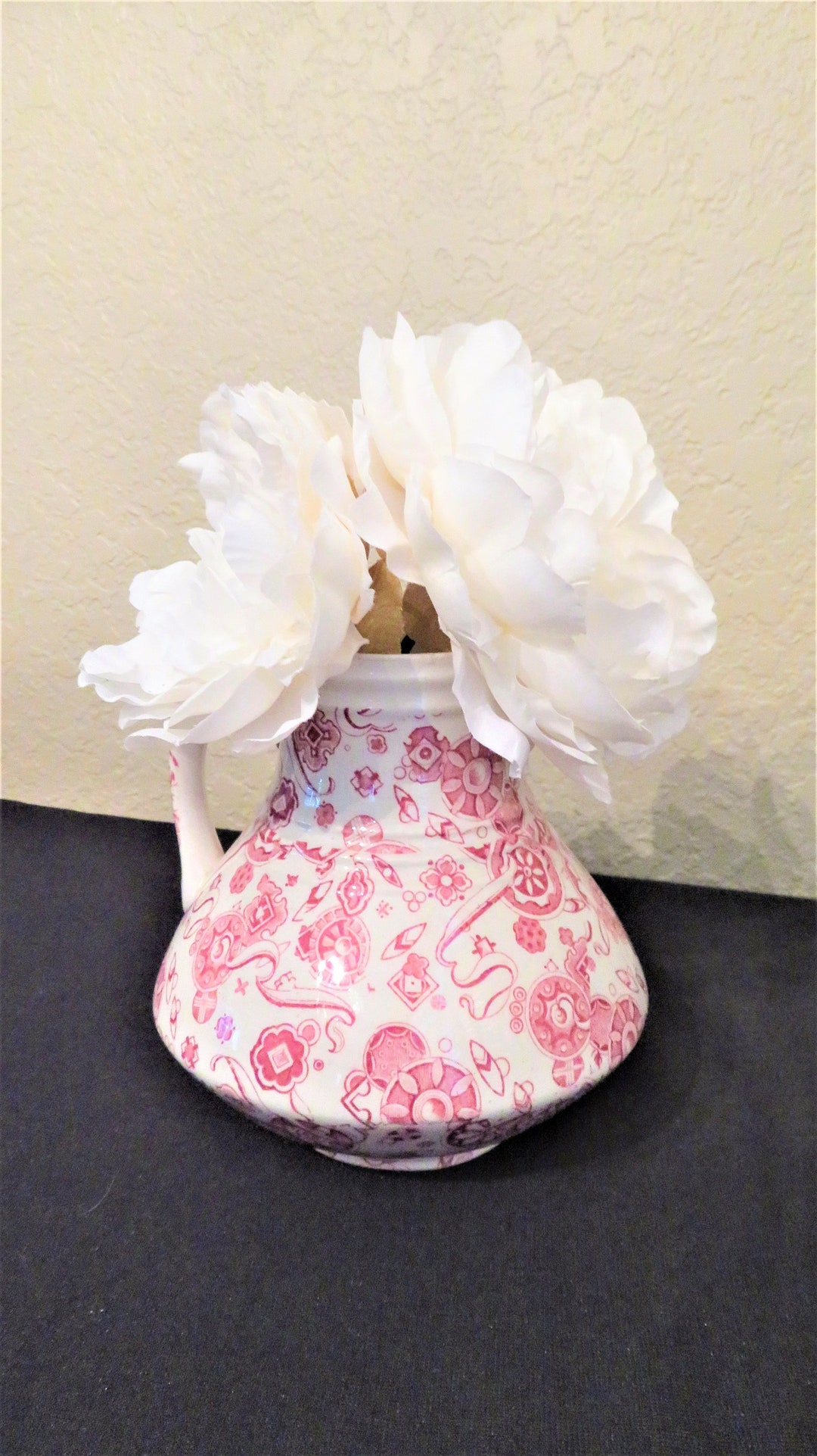 Aesthetic . Early 1900's Red/pink Transferware Jug, Pitcher, Vase ...