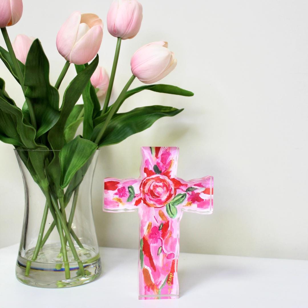 Pink Floral Christian Cross Acrylic Art Block, Colorful Flower Cross ...