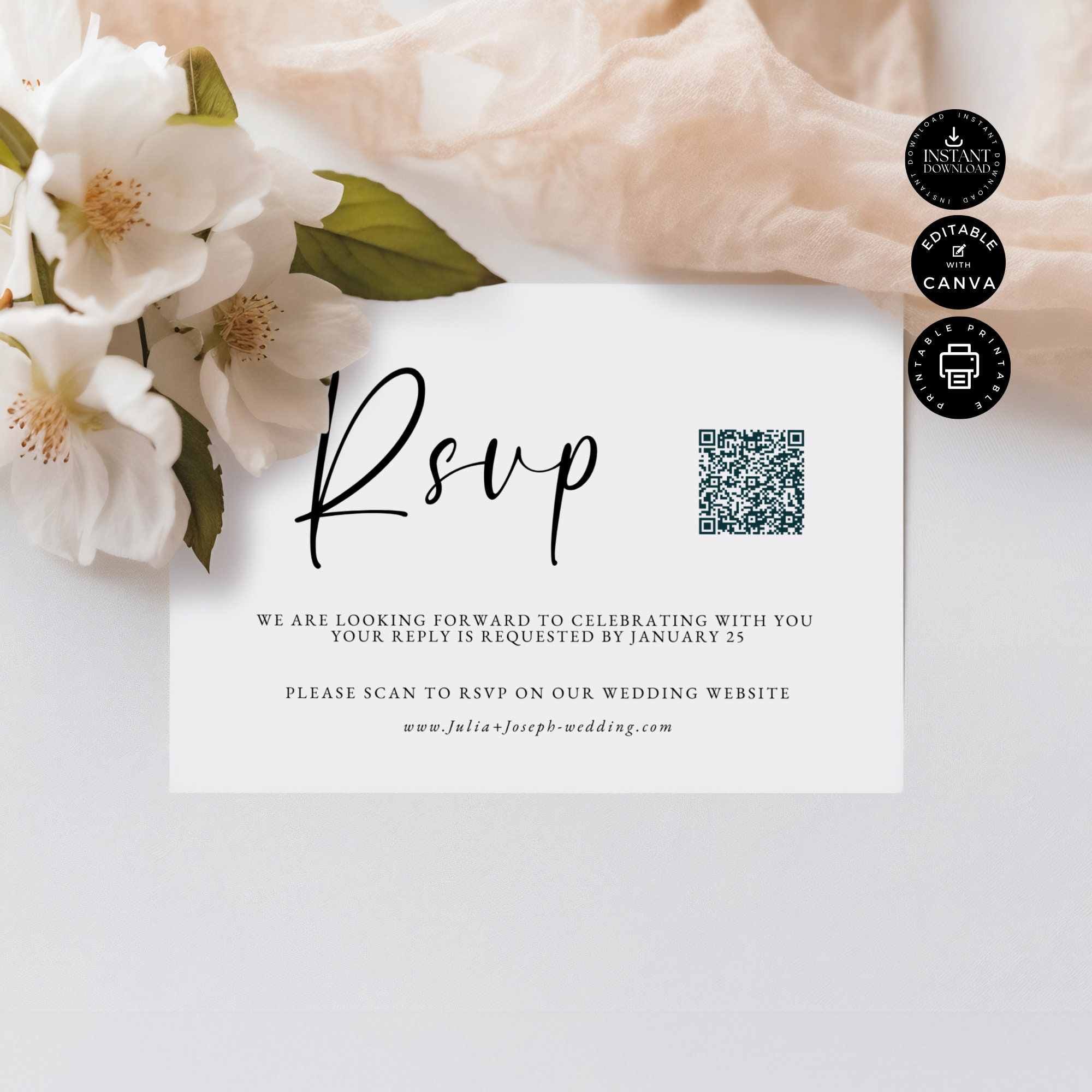 Minimalist QR Code Wedding RSVP Card Template, Invitation Insert ...
