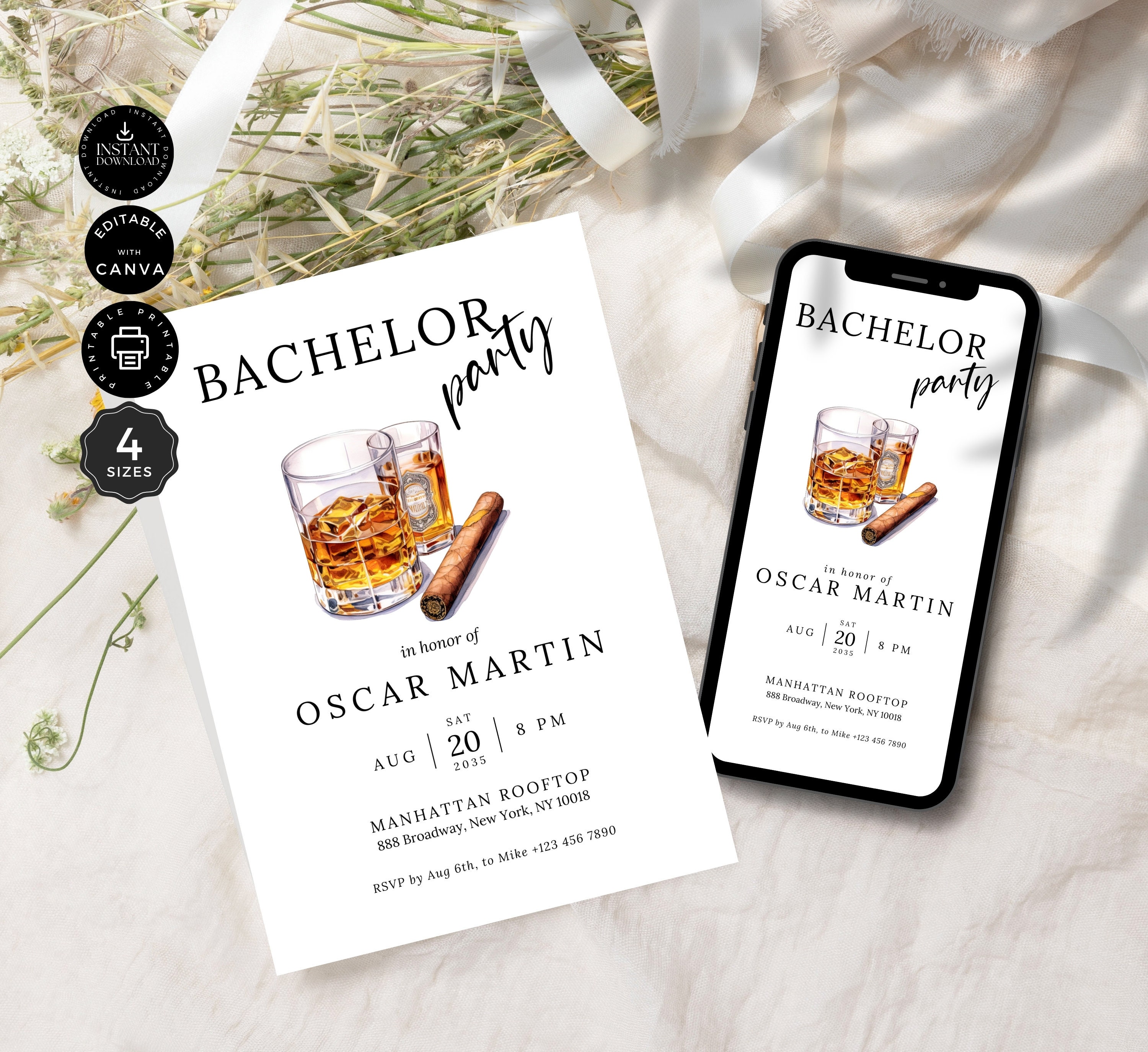 Bachelor Party Invitation Template, Modern Minimalist Invite & Evite ...