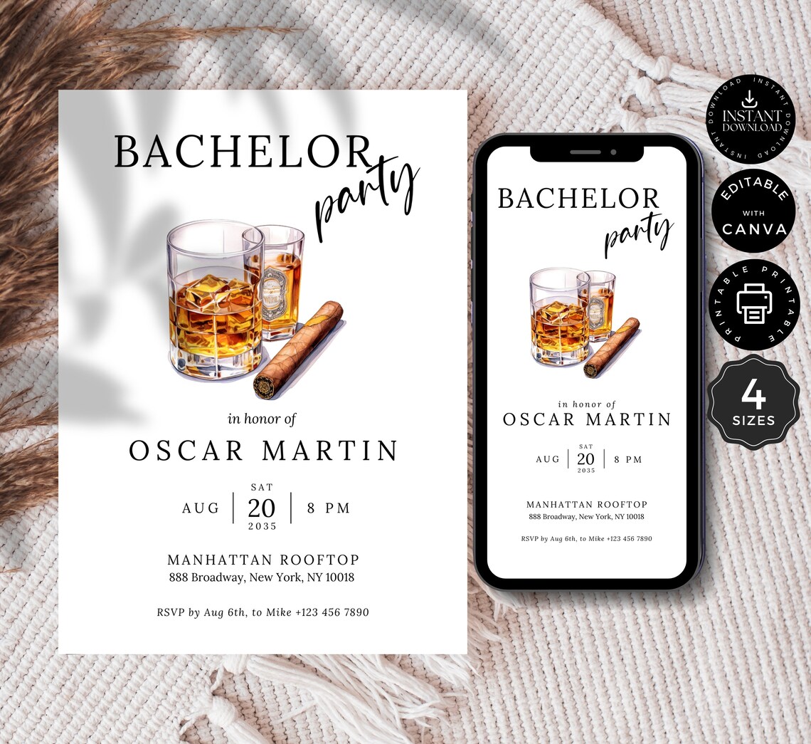 Bachelor Party Invitation Template, Modern Minimalist Invite & Evite ...