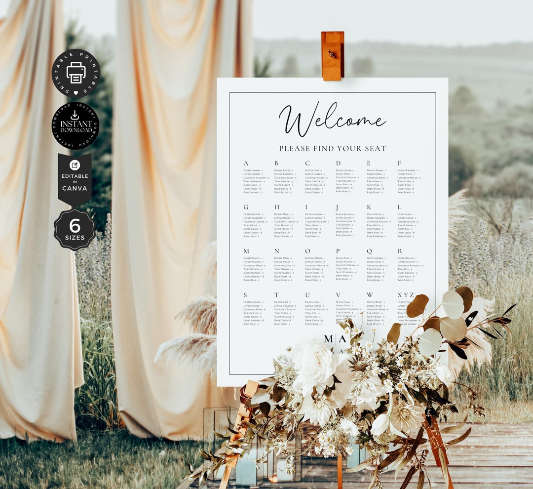Minimalist Modern Wedding Seating Chart Template, Alphabetical A-Z ...