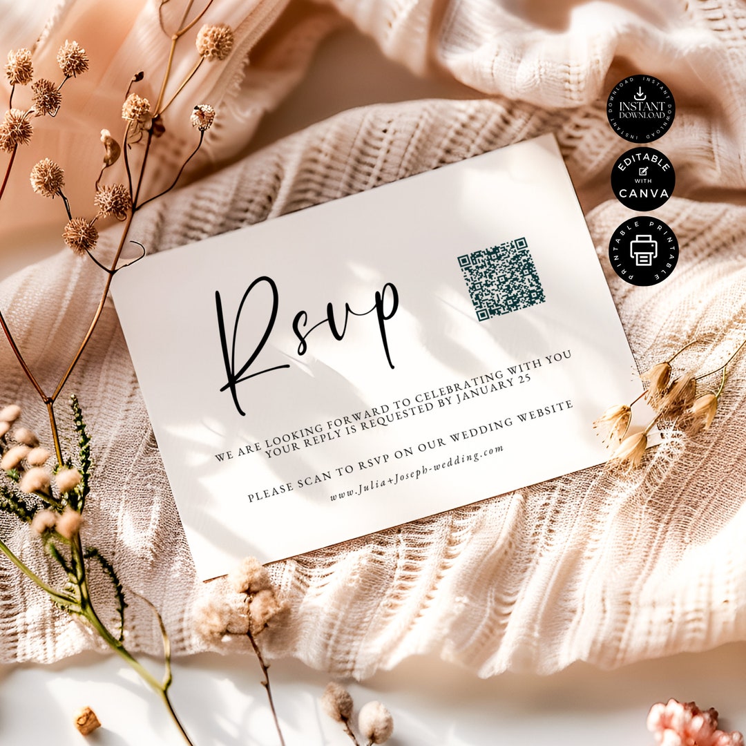 Minimalist QR Code Wedding RSVP Card Template, Invitation Insert ...
