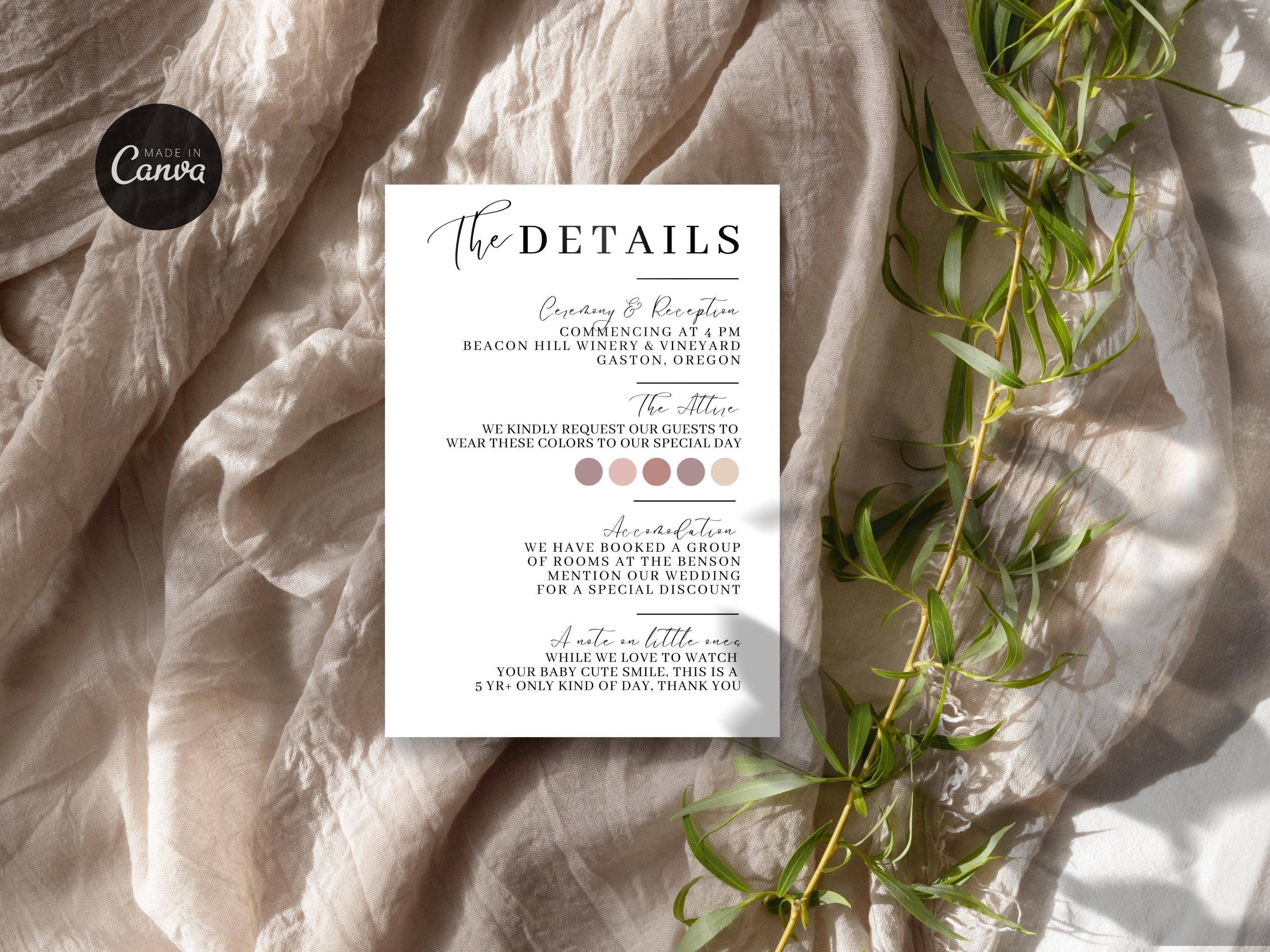Classic Minimalist Wedding Details Card, Editable Information Card ...