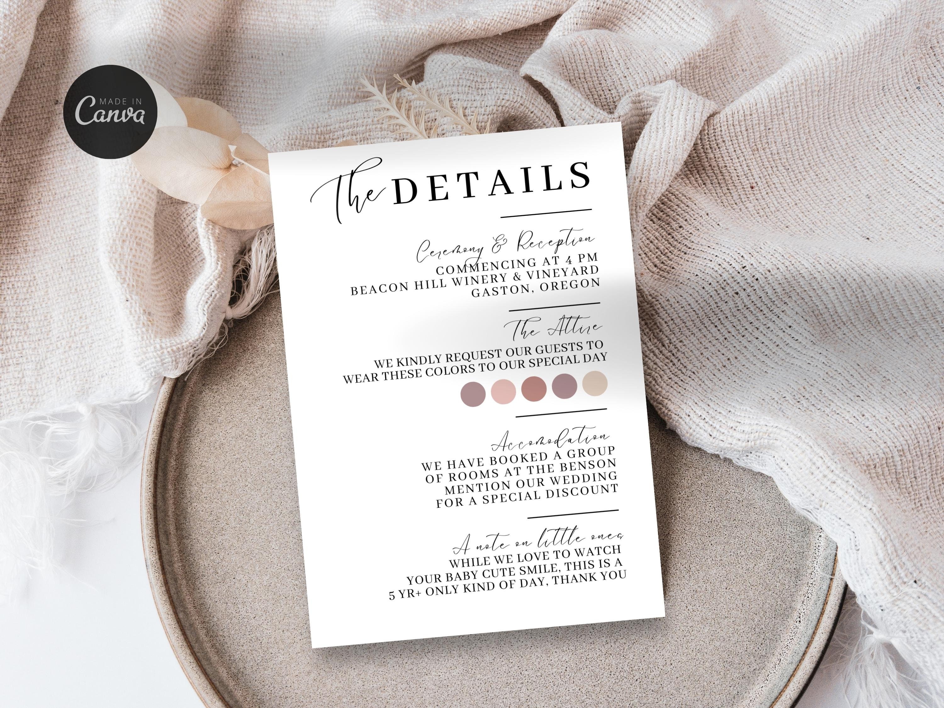 Classic Minimalist Wedding Details Card, Editable Information Card, Attire, Enclosure Insert ...