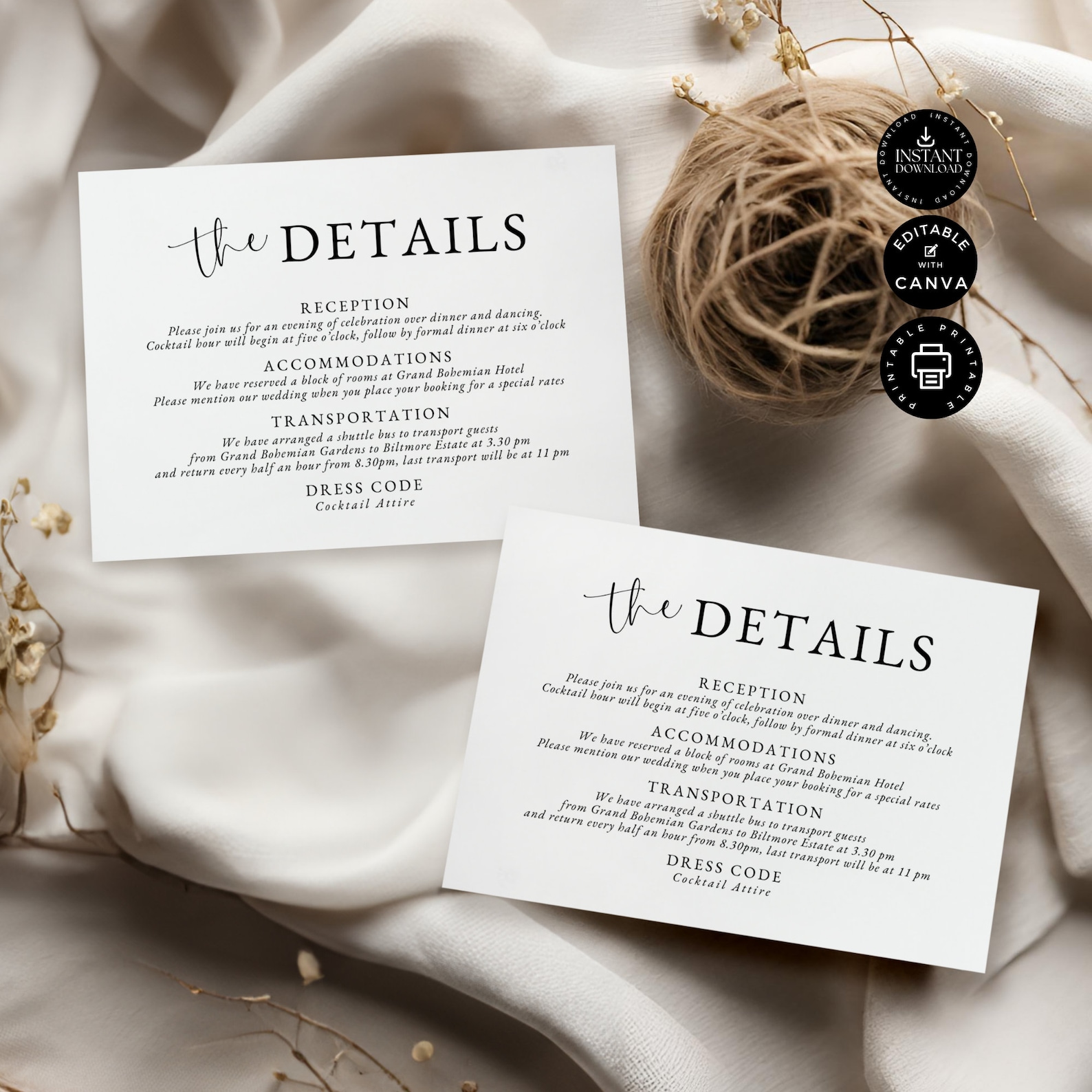 Minimalist Wedding Details Card Template, Invite Insert, Enclosure ...