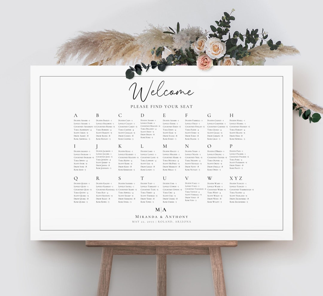 Minimalist Modern Wedding Seating Chart Template, Vertical Alphabetical ...