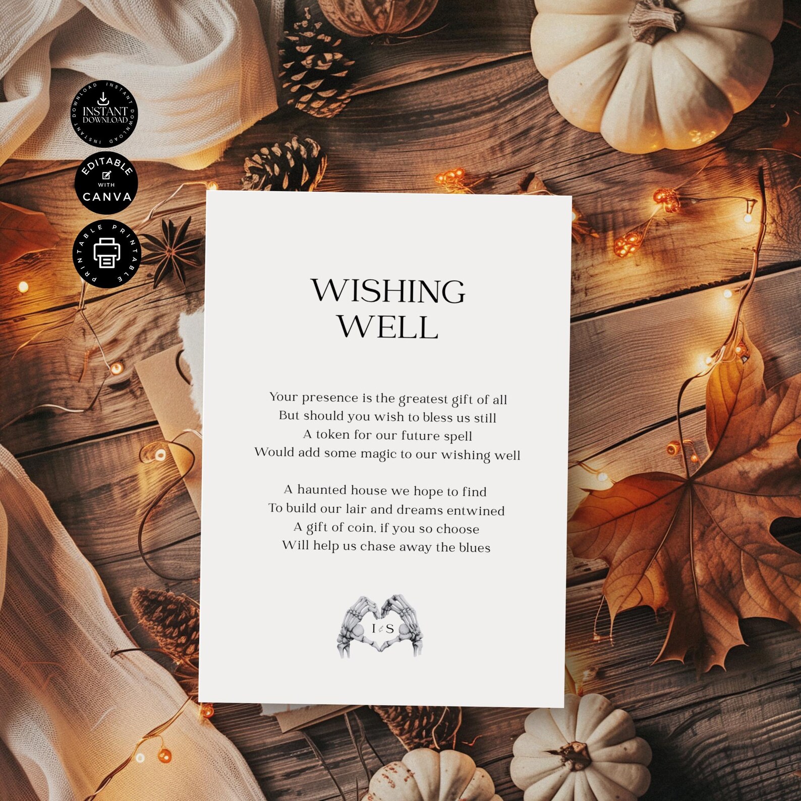 Halloween Wedding Wishing Well Card Template, Gothic Skeleton ...