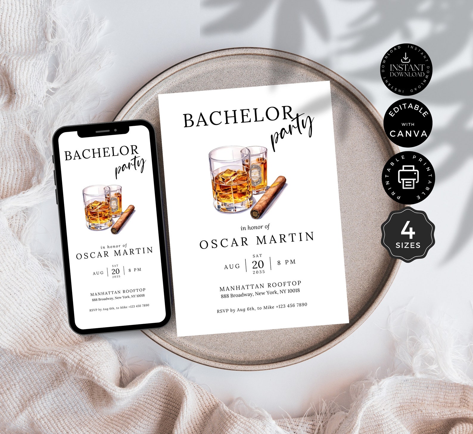 Bachelor Party Invitation Template, Modern Minimalist Invite & Evite ...