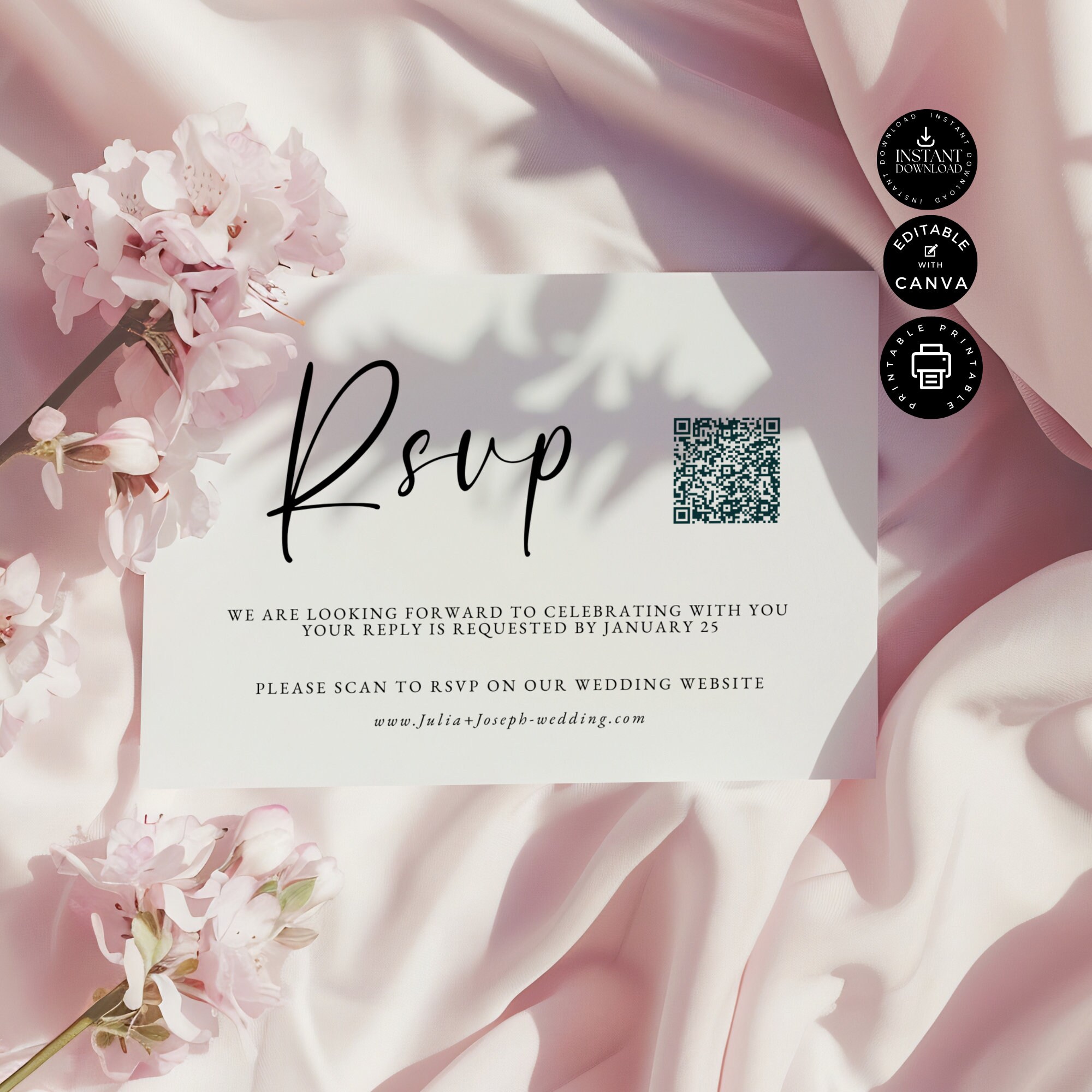 Minimalist QR Code Wedding RSVP Card Template, Invitation Insert ...