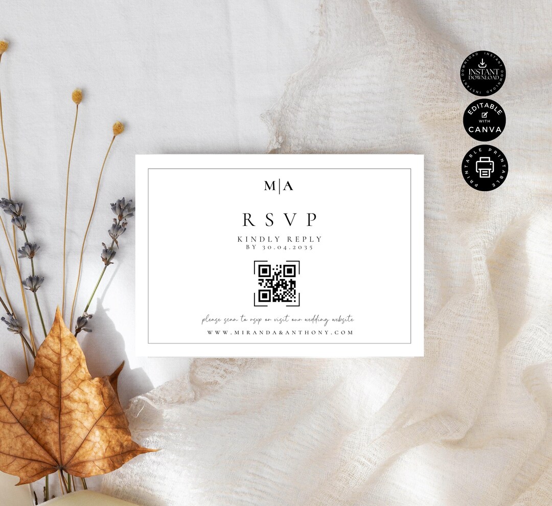 Minimalist QR Code Wedding RSVP Card Template, Classic DIY Insert ...