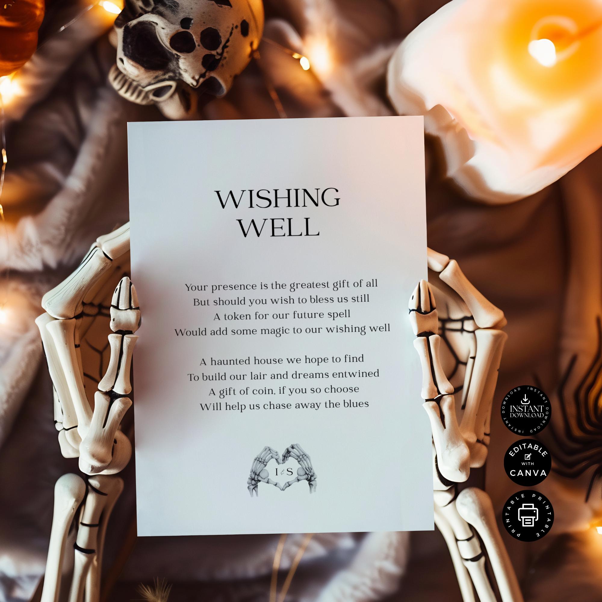 Halloween Wedding Wishing Well Card Template, Gothic Skeleton ...