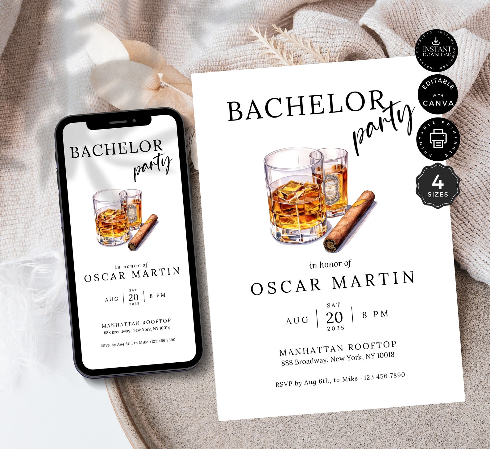 Bachelor Party Invitation Template, Modern Minimalist Invite & Evite ...
