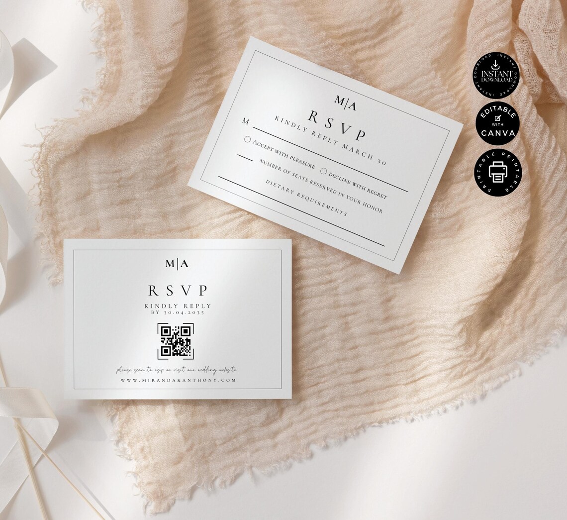 Minimalist QR Code & Traditional Wedding RSVP Card Template, Modern ...